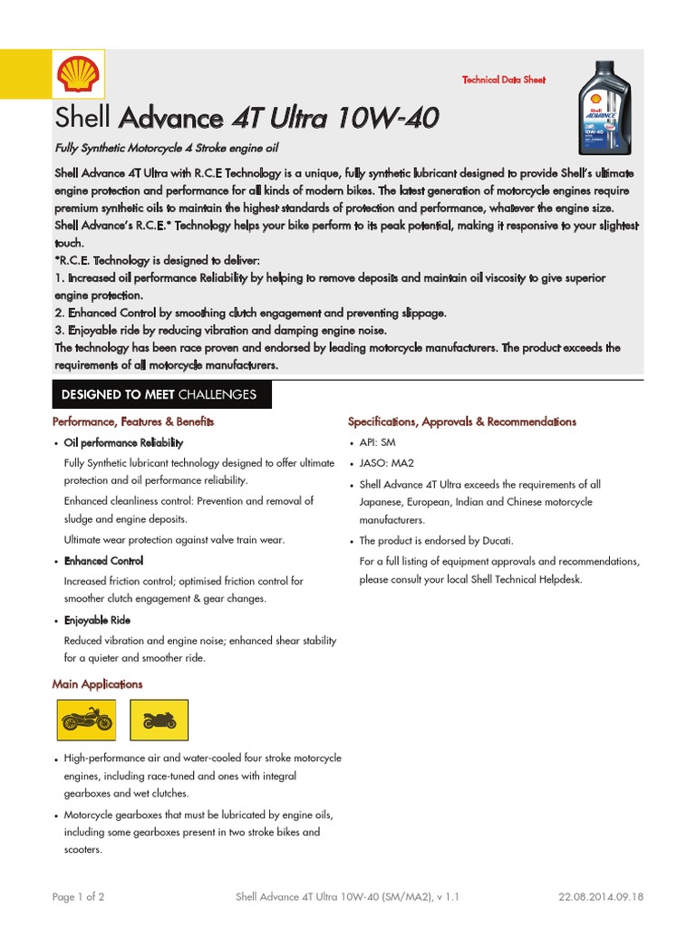 Shell-Advance 4T Ultra 10W-40 TDS | PDF | Motor Oil | Mechanical ...