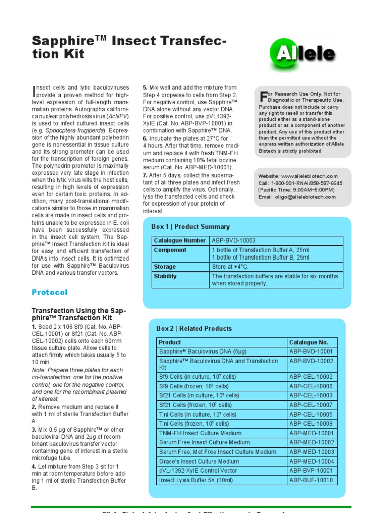 Sapphire Insect Transfection Kit | PDF | Transfection | Plasmid