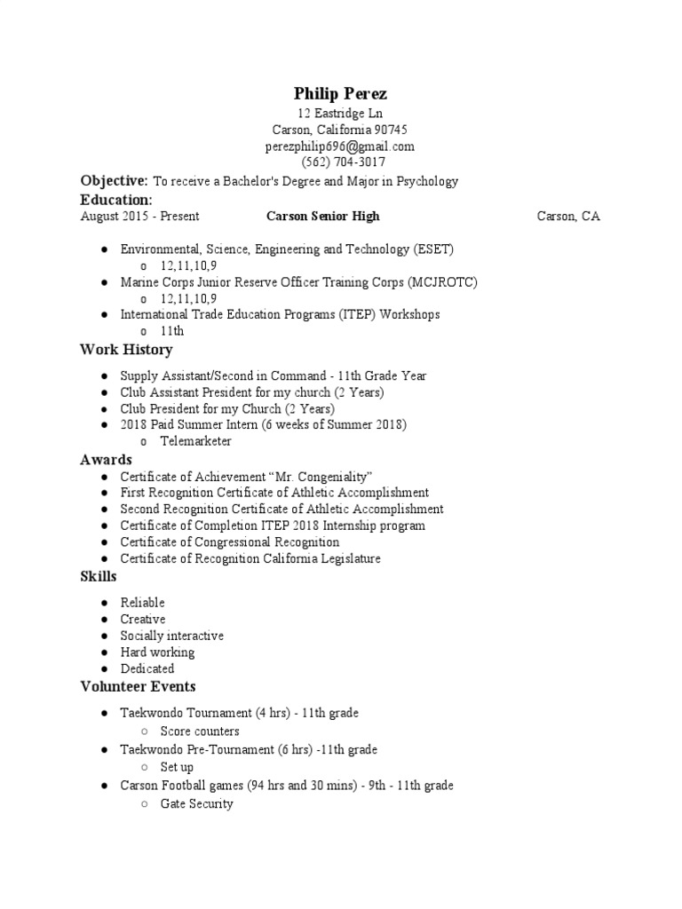 Philip Perez's Resume: Psychology Major | PDF