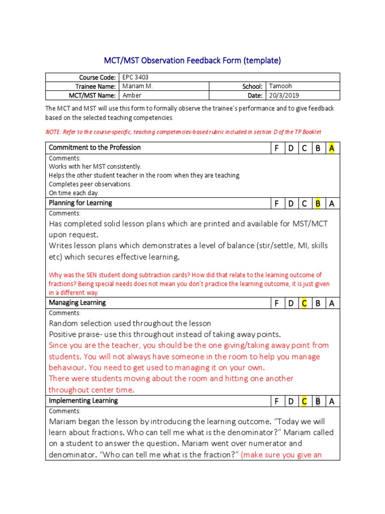 MCT/MST Observation Feedback Form (Template) : Commitment To The ...