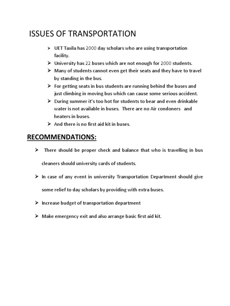 Issues of Transportation: Recommendations | PDF