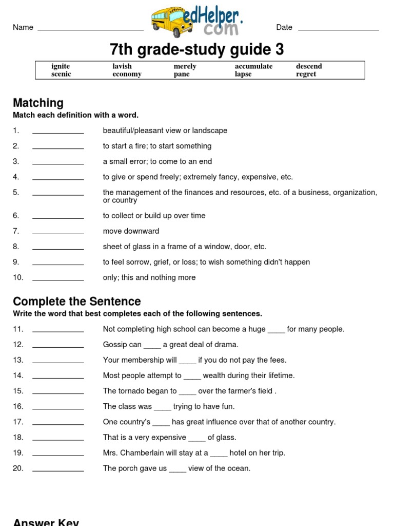 7th Grade-Study Guide 3: Matching | PDF