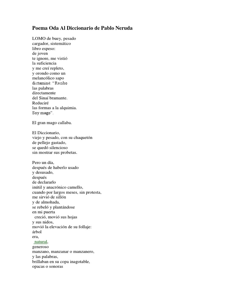 Poema Oda Al Diccionario de Pablo Neruda | PDF | Naturaleza