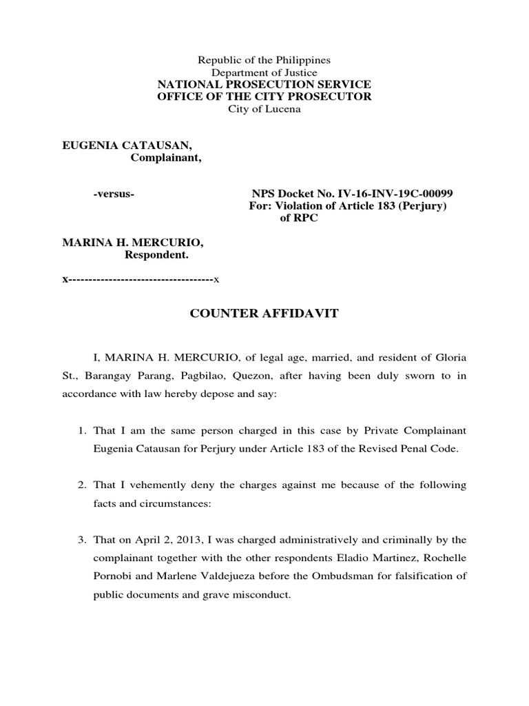 A Counter Affidavit Asserting the Absence of Probable Cause for Perjury Charges Due to a ...