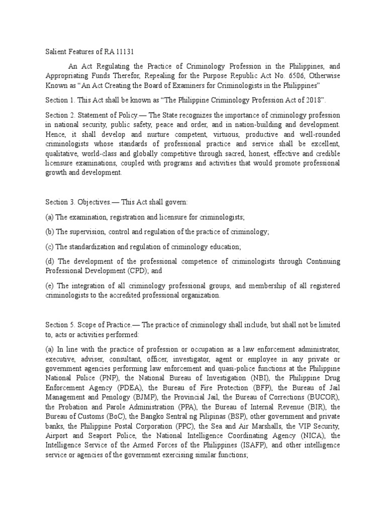 Salient Features of RA 11131 | PDF | Forensic Science | Crime & Violence Salient Features of RA 11131 | PDF | Forensic Science | Crime & Violence