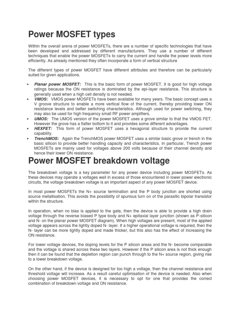 Power MOSFET Types | PDF | Amplifier | Operational Amplifier