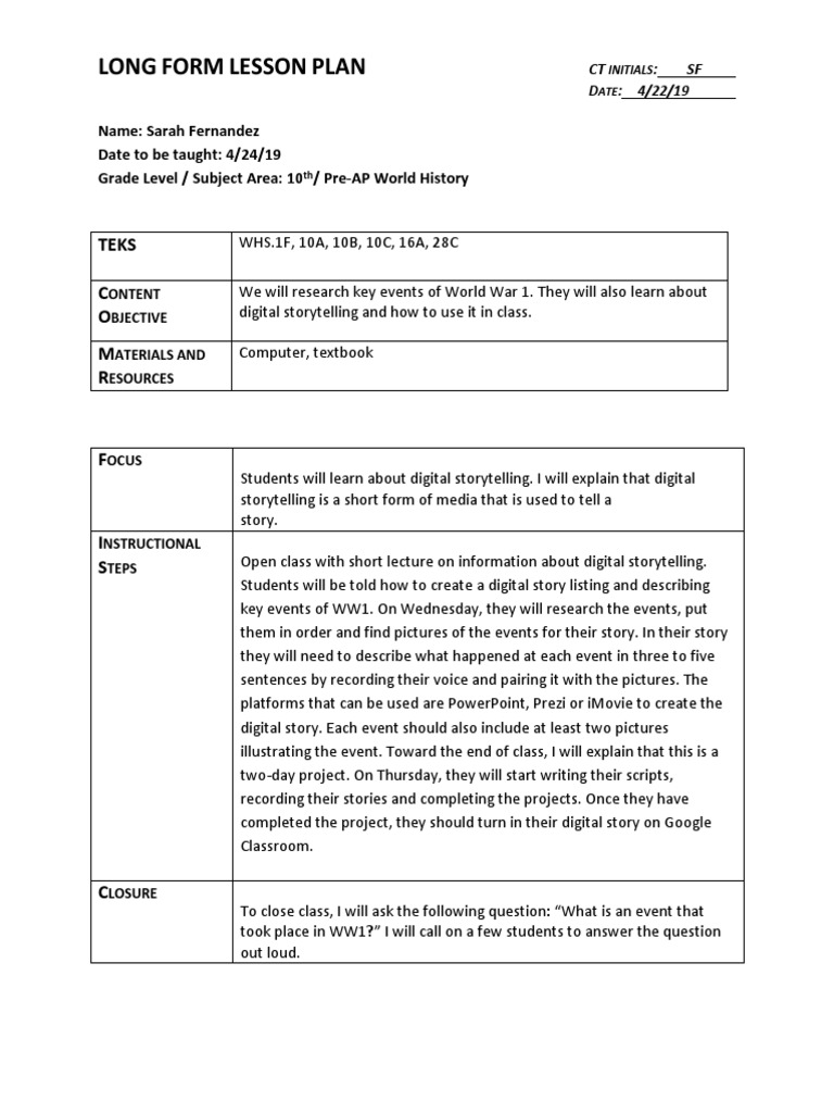Long Form Lesson Plan: Teks C O M R | PDF | Storytelling | Teaching
