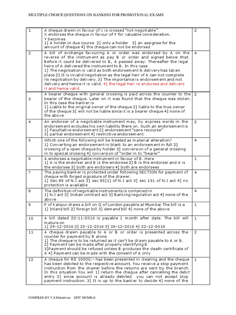 Question Bank Promotion Exam | PDF | Negotiable Instrument | Cheque