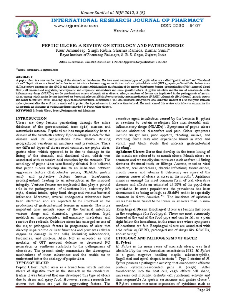 Peptic Ulcer A Review On Etiology and Pathogenesis | PDF | Inflammation ...