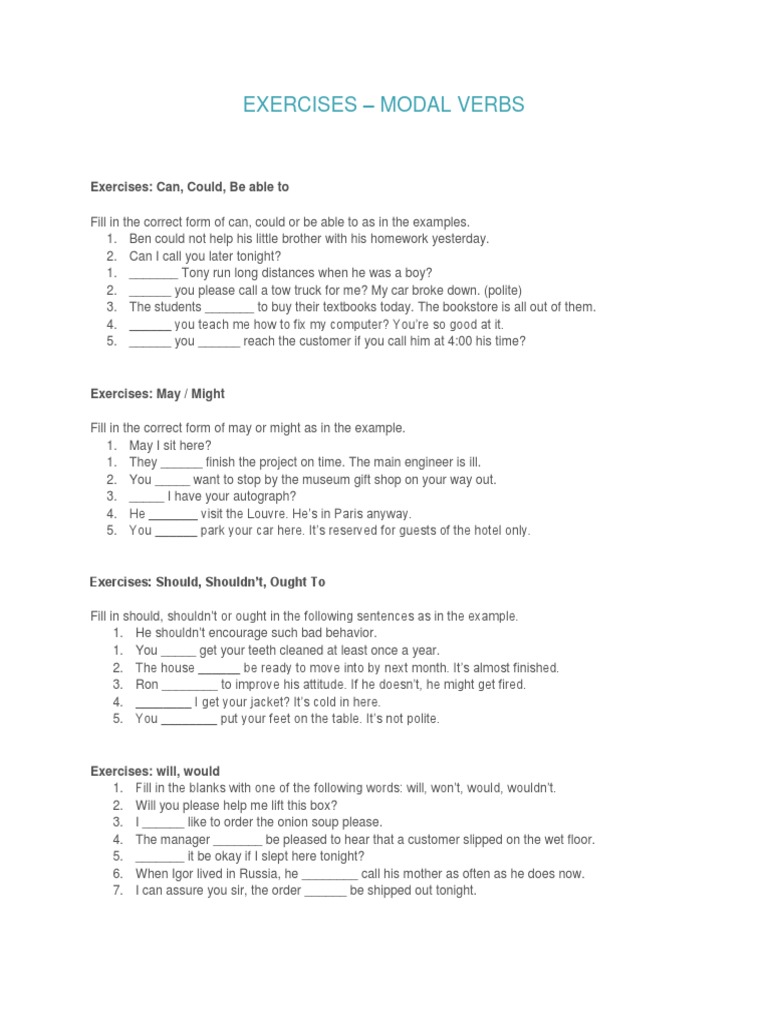 Exercises - Modal Verbs: Exercises: Can, Could, Be Able To | PDF