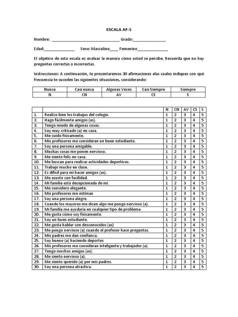 Escala Autoconcepto Af5 | PDF | Ocio