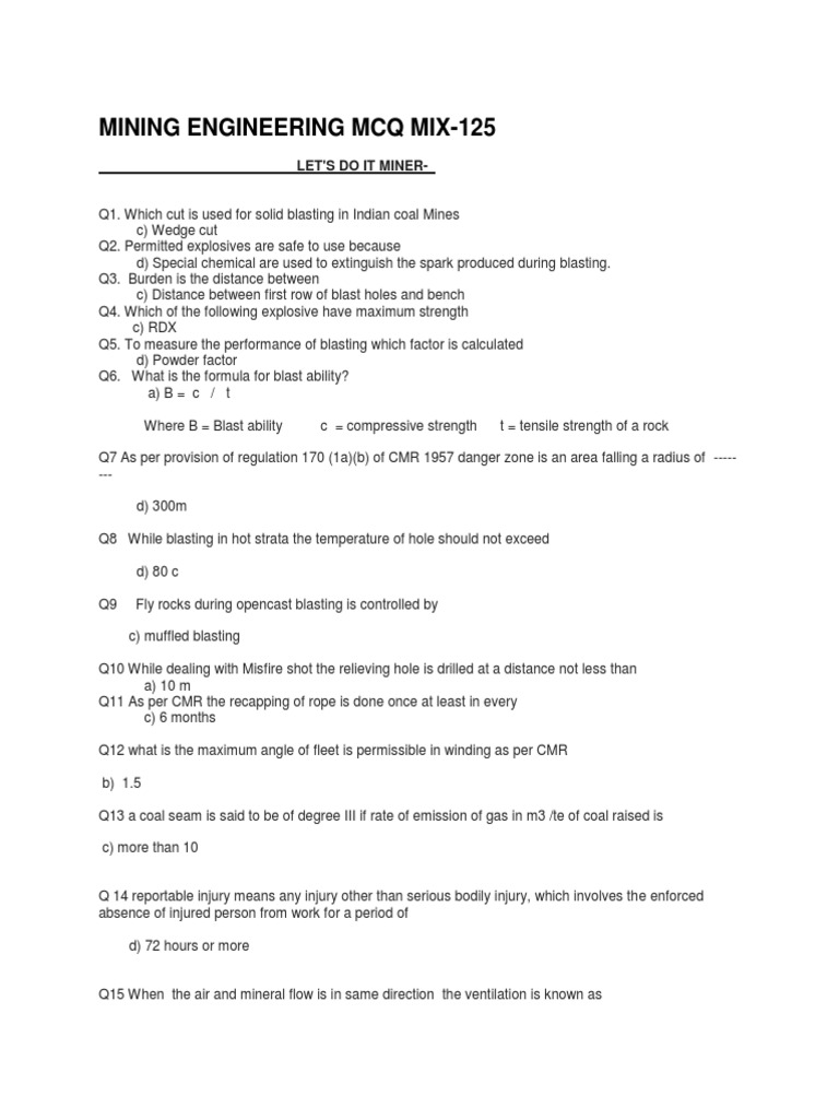 Mining Engineering MCQ Mix | PDF | Coal Mining | Mining