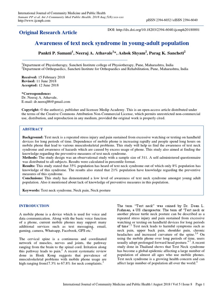 Awareness of Text Neck Syndrome in Young-Adult Pop PDF | PDF | Neck ...