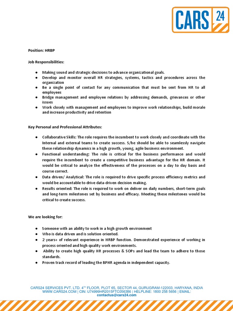 Position: HRBP Job Responsibilities:: Email | PDF