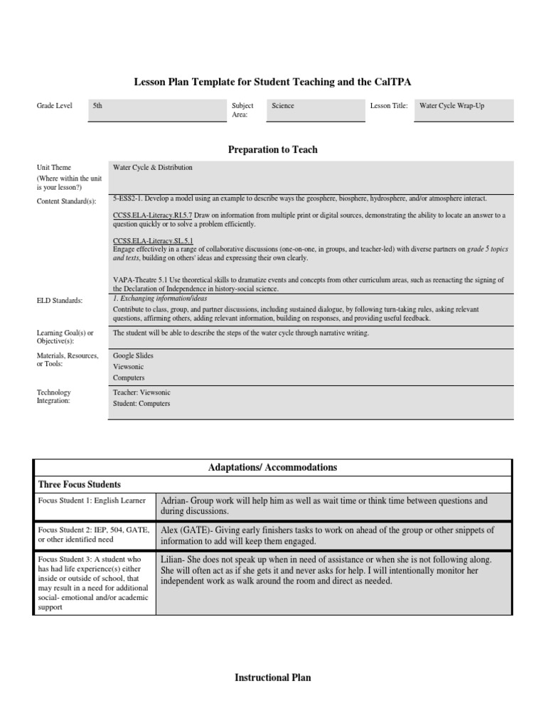 Lesson Plan Template For Student Teaching and The Caltpa: Preparation ...