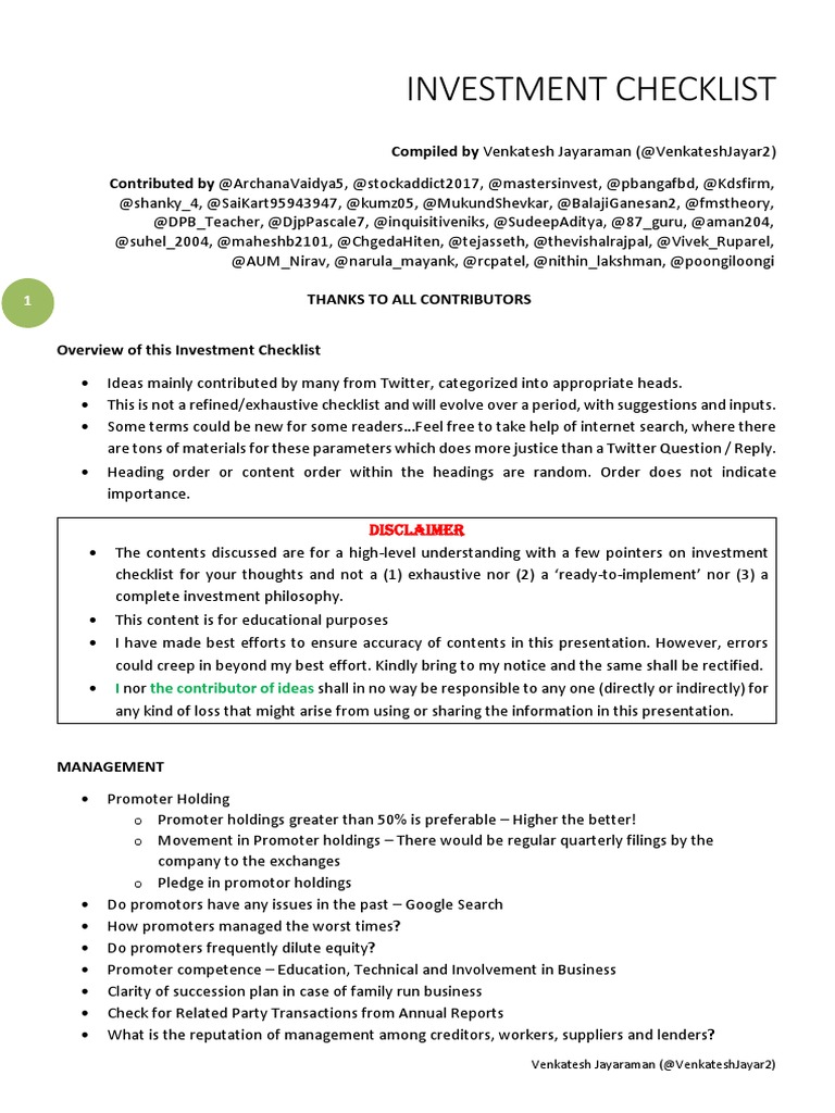 Venkatesh Jayaraman's Investment Checklist | PDF | Dividend | Debt