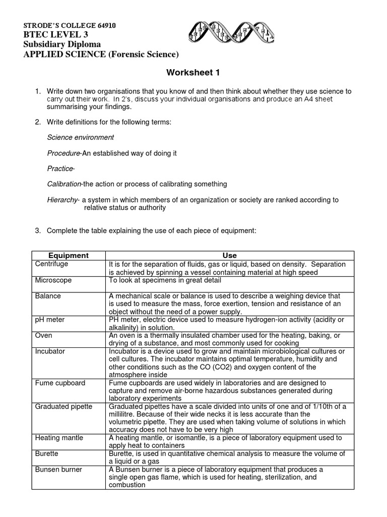 Btec Level 3 Subsidiary Diploma APPLIED SCIENCE (Forensic Science ...