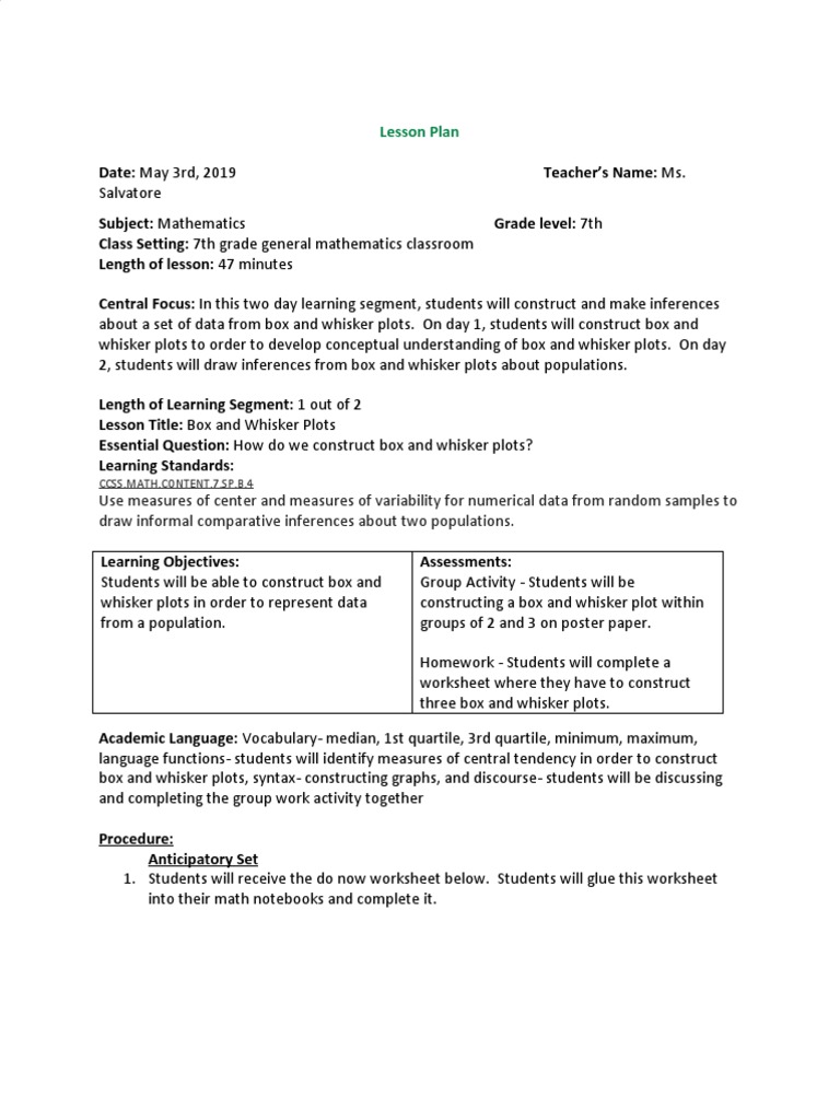 7th Grade Box and Whisker Plot Lesson | PDF | Lesson Plan | Median