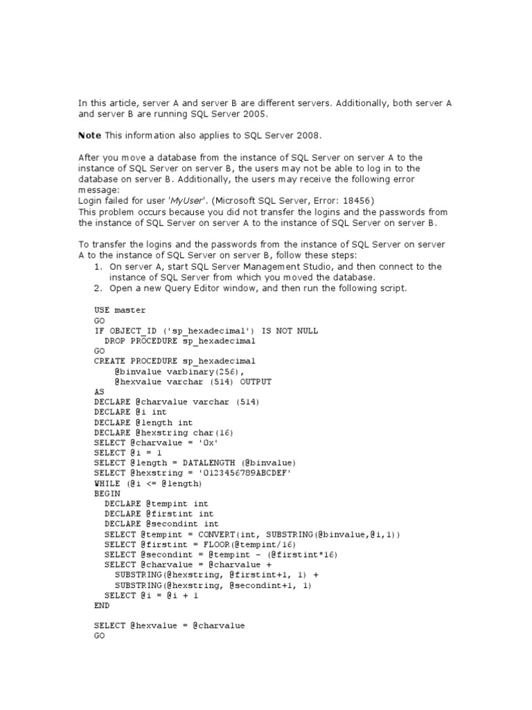 Transfer Logins From SQL 2005 To SQL 2005 (Revlogin) | PDF | Microsoft ...