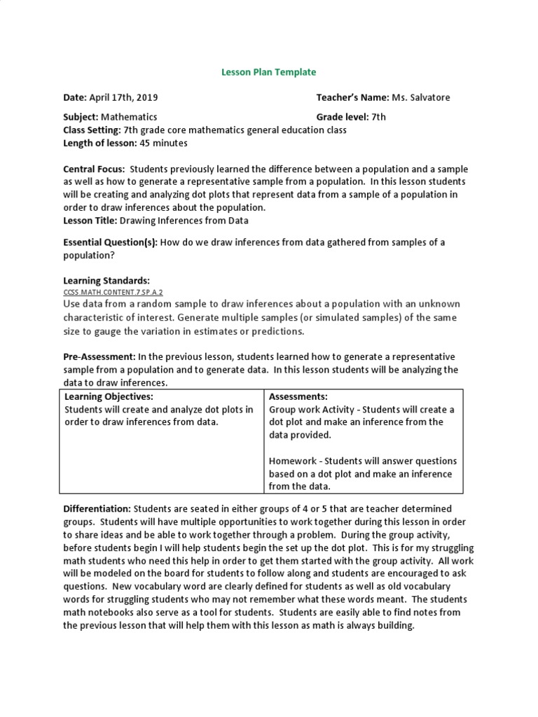 Lesson Plan - Drawing Inferences From Data | PDF | Teaching | Cognition
