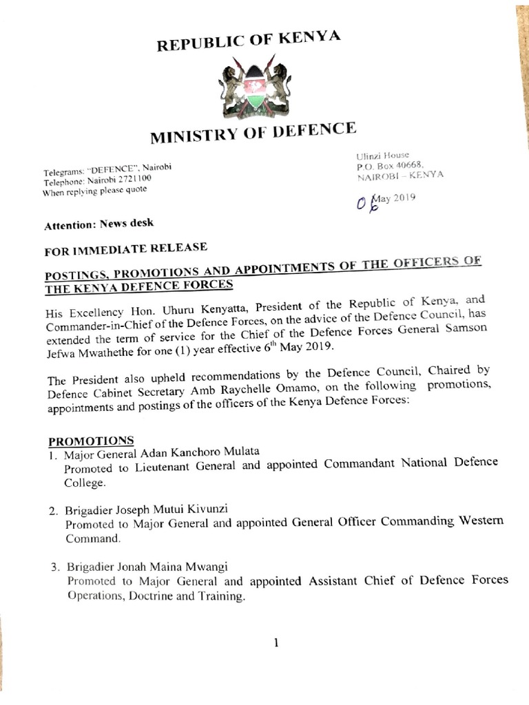 Postings, Promotions and Appointments of The Officers of The Kenya Defence Forces | PDF