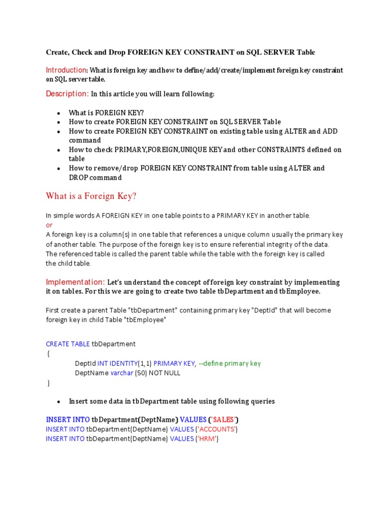 Create, Check and Drop FOREIGN KEY CONSTRAINT On SQL SERVER Table | Download Free PDF ...