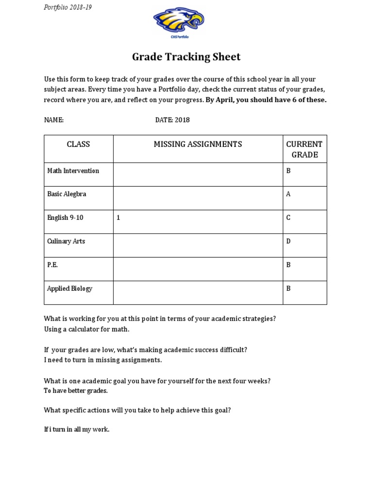 Grade Tracking Sheet: Class Missing Assignments Current Grade | PDF