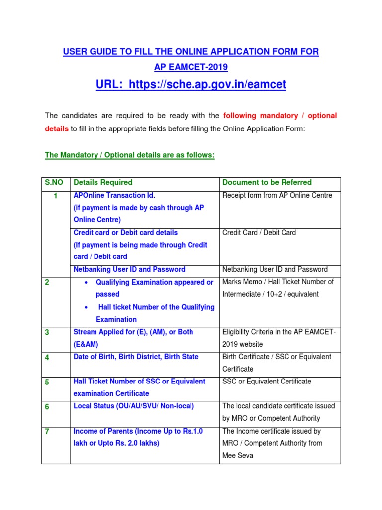 URL: Https://sche - Ap.gov - In/eamcet: User Guide To Fill The Online ...