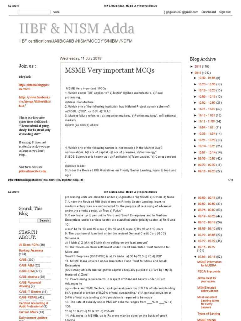 IIBF & NISM Adda - MSME Very Important MCQs PDF | PDF | Small And Medium Sized Enterprises ...