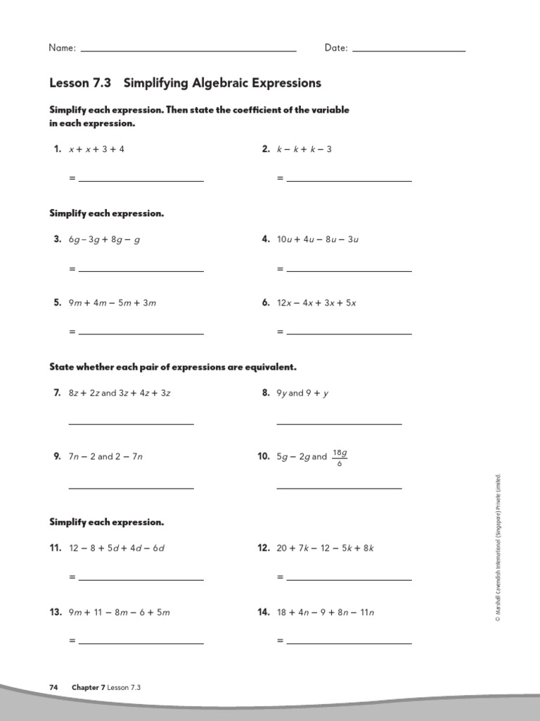 Lesson 7.3 Simplifying Algebraic Expressions | PDF | Algebra | Teaching ...