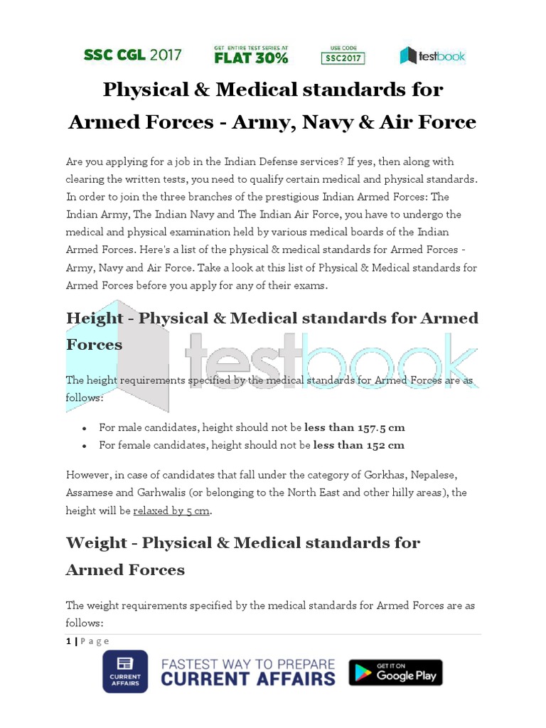 Physical Medical Standards For Armed Forces Army Navy Air Force | PDF ...
