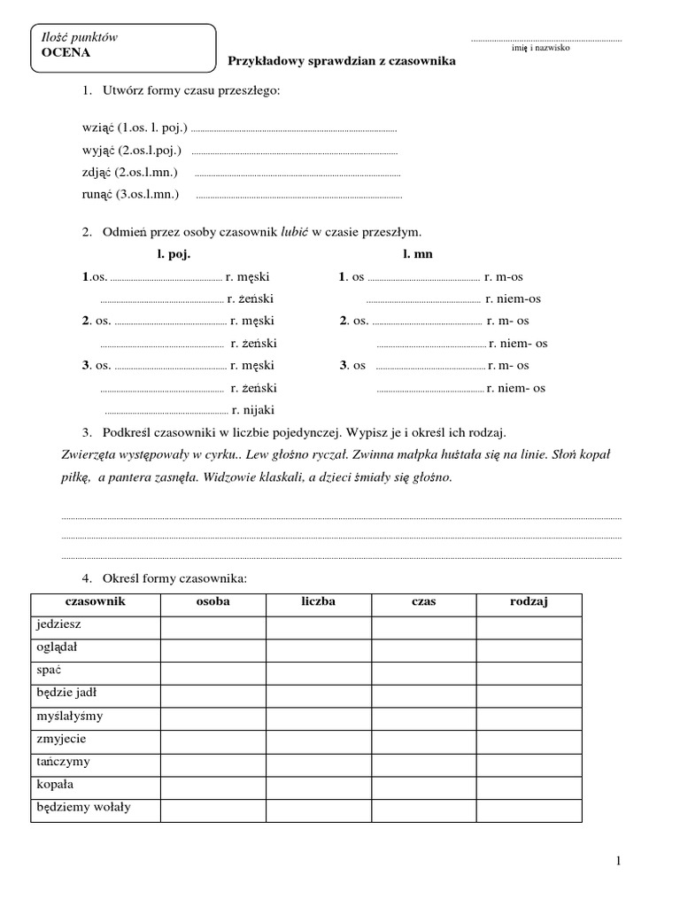 Sprawdzian Czasownik | PDF Sprawdzian Czasownik | PDF