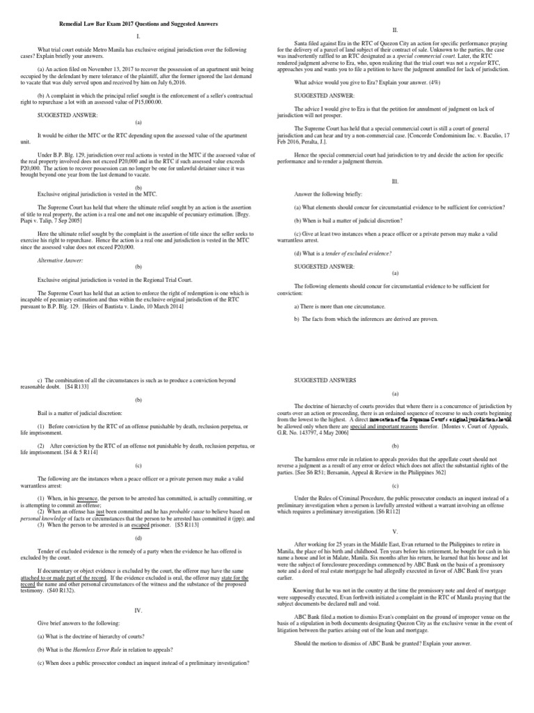 2017 Remedial Law Bar Exam Questions | PDF | Plea | Lawsuit