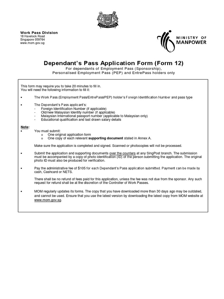 Dependant's Pass Application Form (Form 12) | PDF | Identity Document ...