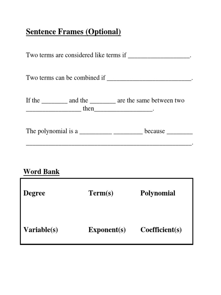 Word Bank and Sentence Frames | PDF