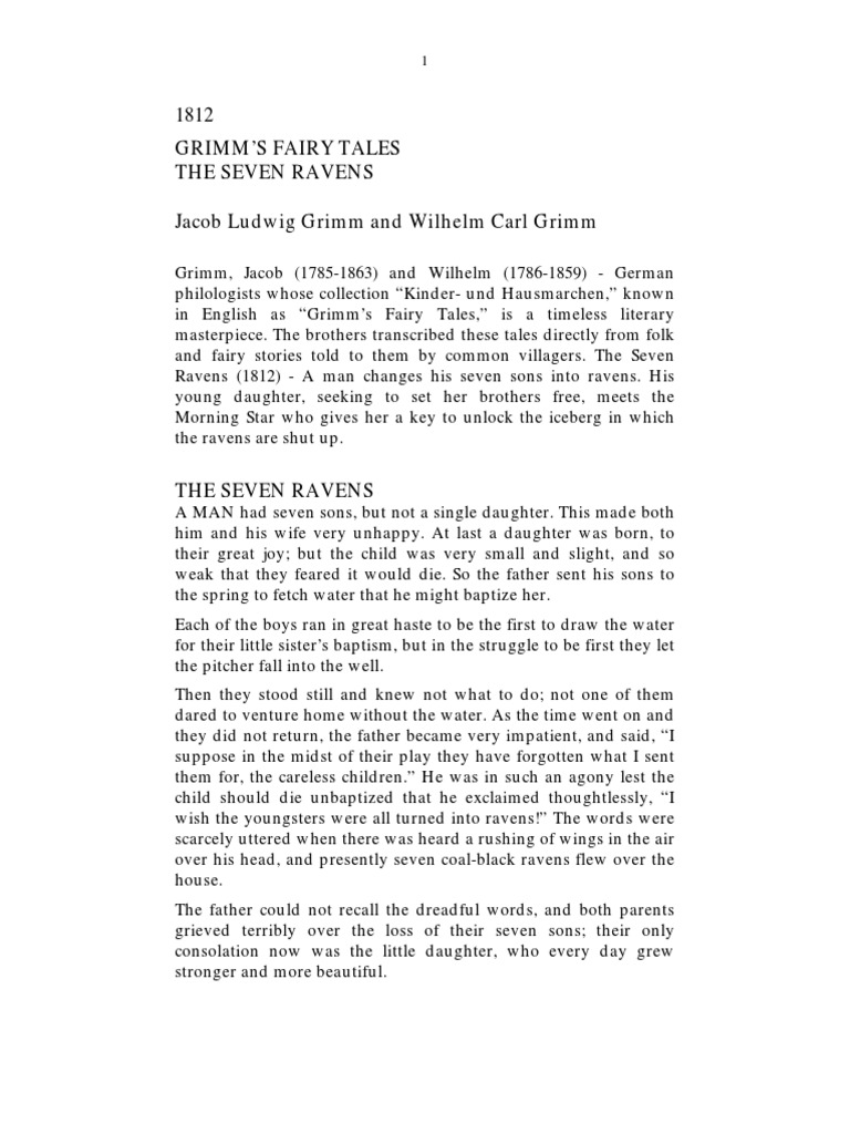1812 Grimm'S Fairy Tales The Seven Ravens Jacob Ludwig Grimm and ...