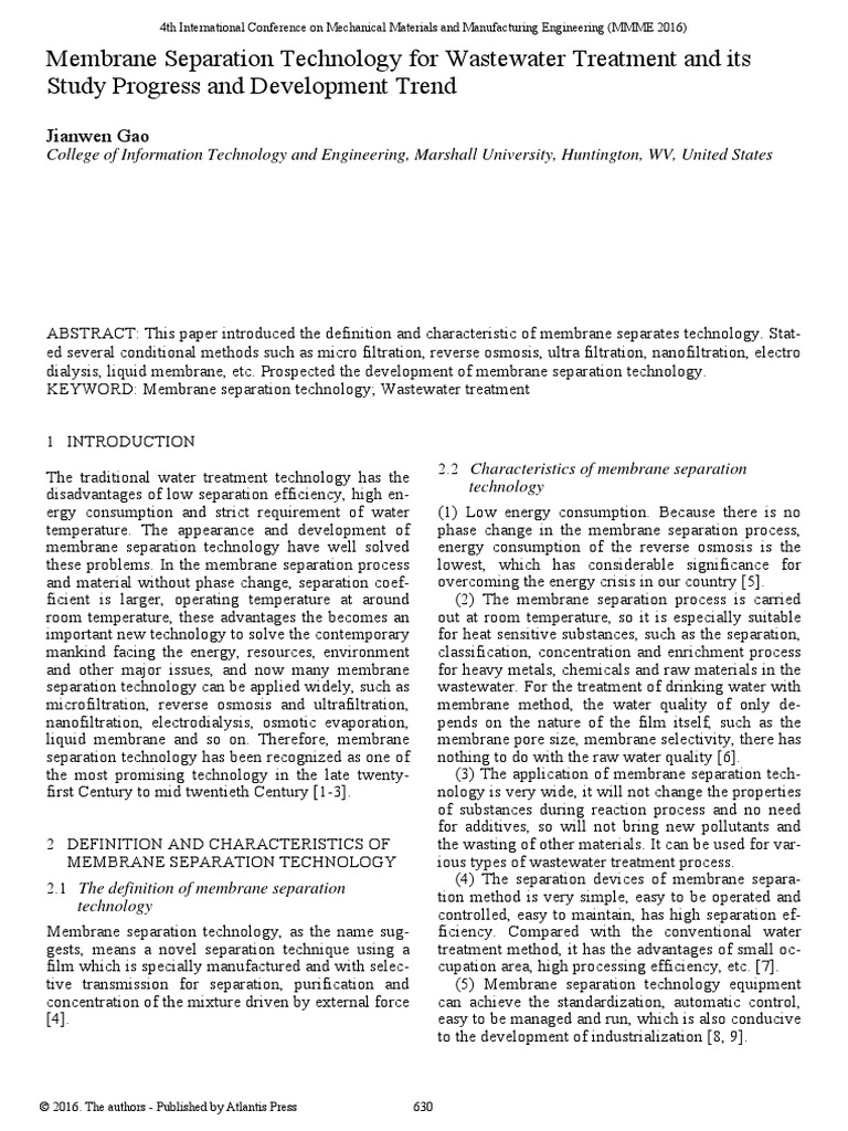 Membrane Separation Technology For Wastewater Treatment and Its Study ...
