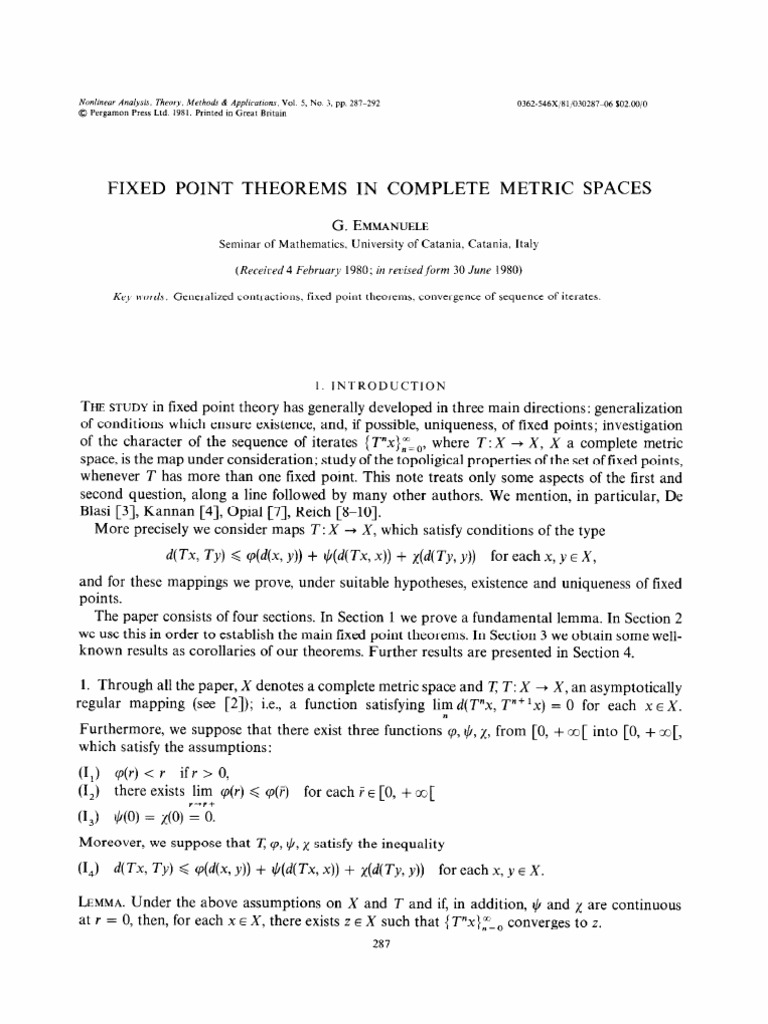Fixed Point Theorems in Complete Metric Spaces: G.Emmanuele | PDF | Metric Space | Continuous ...