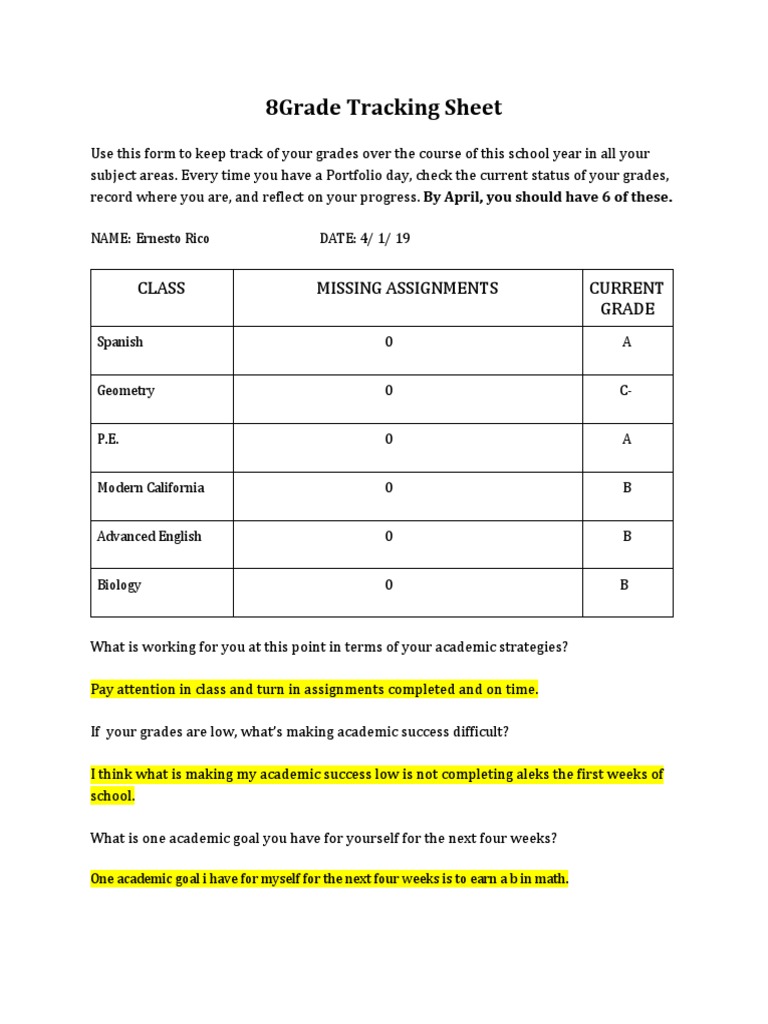 March Grade Tracking Sheet - Ernesto Rico Martinez | PDF | Cognition ...