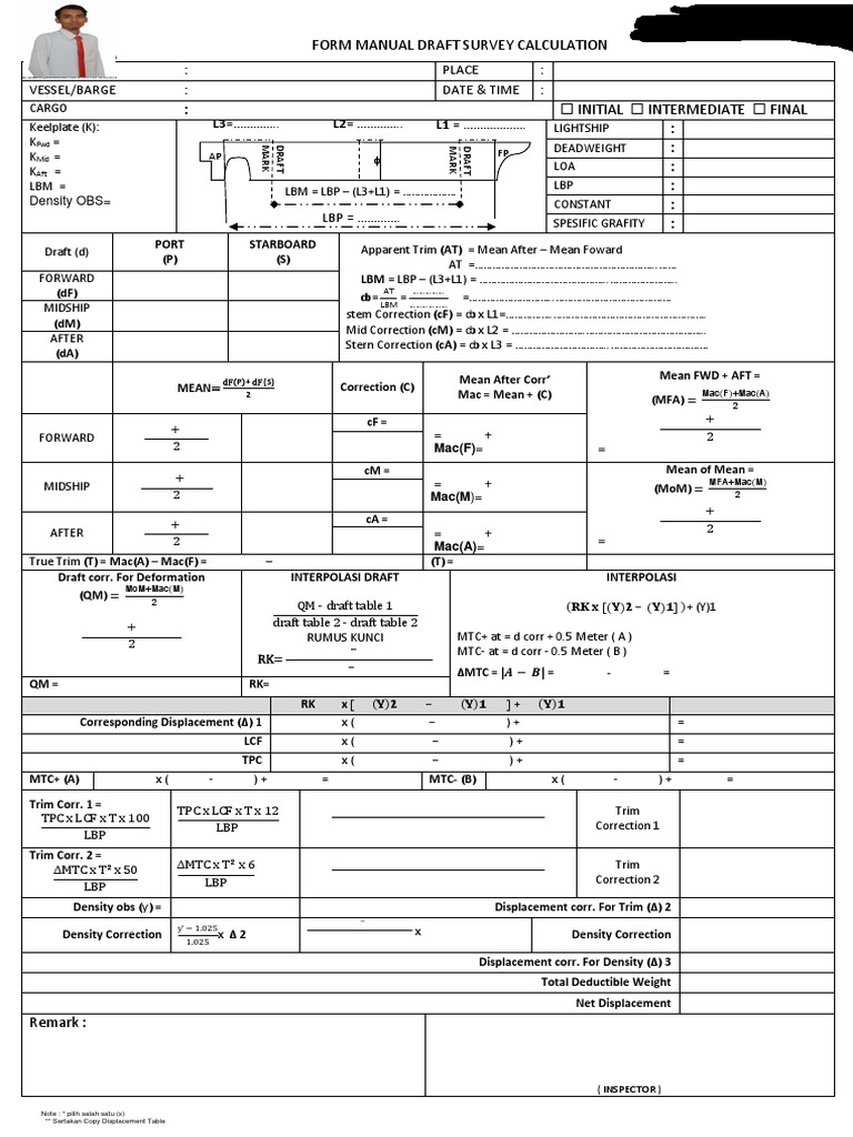 Form Manual Draft Survey Calculation: Job Number: Place: Vessel/Barge ...
