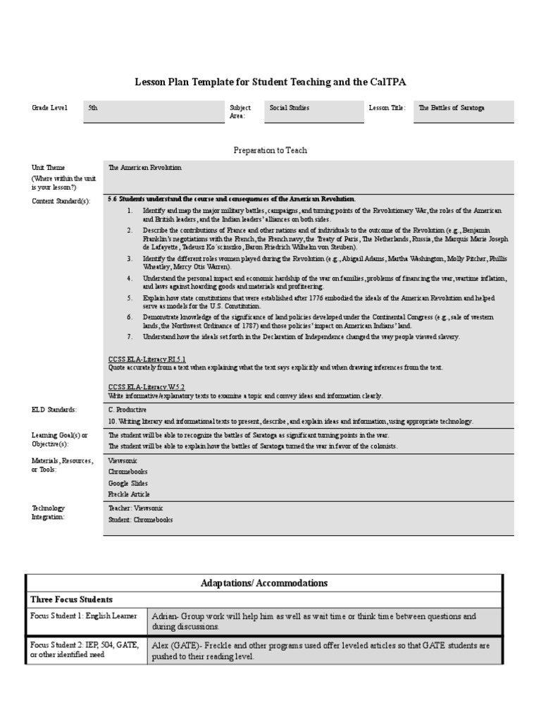 Lesson Plan Template For Student Teaching and The Caltpa | PDF ...