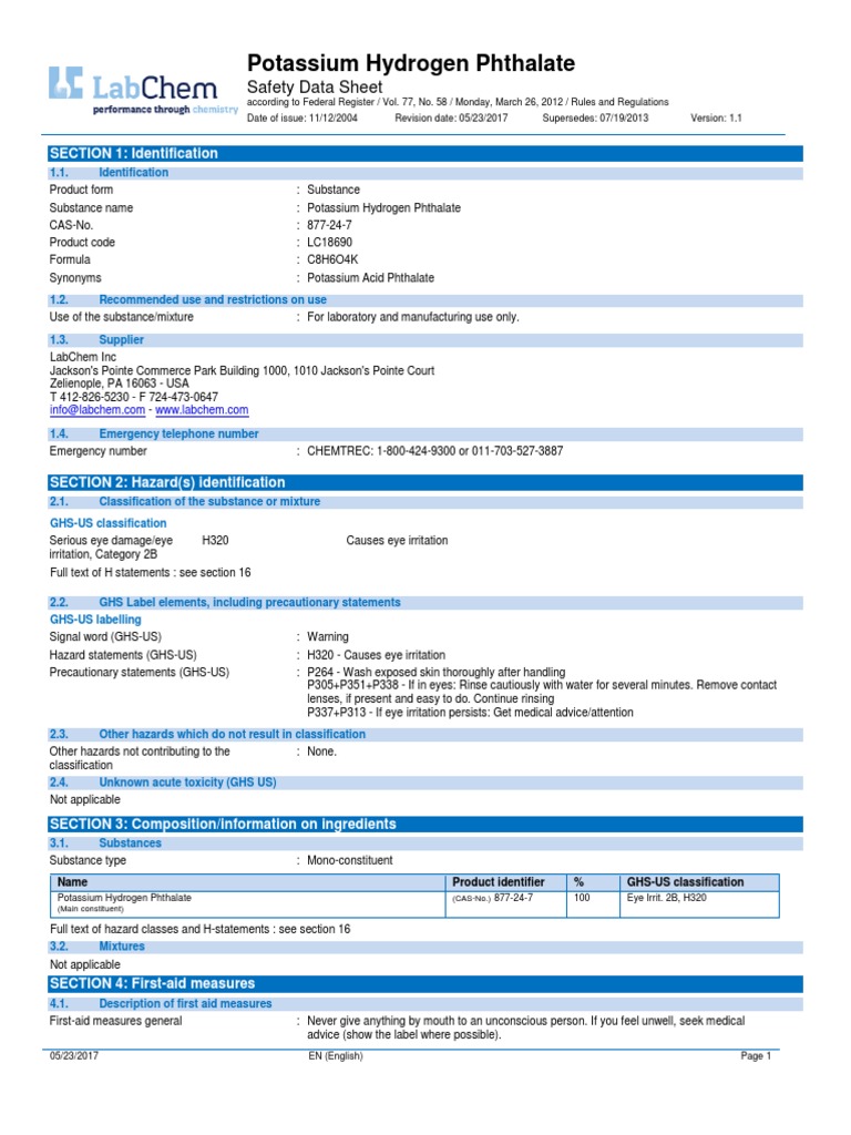 Potassium Hydrogen Phthalate: Safety Data Sheet | PDF | Toxicity | Safety