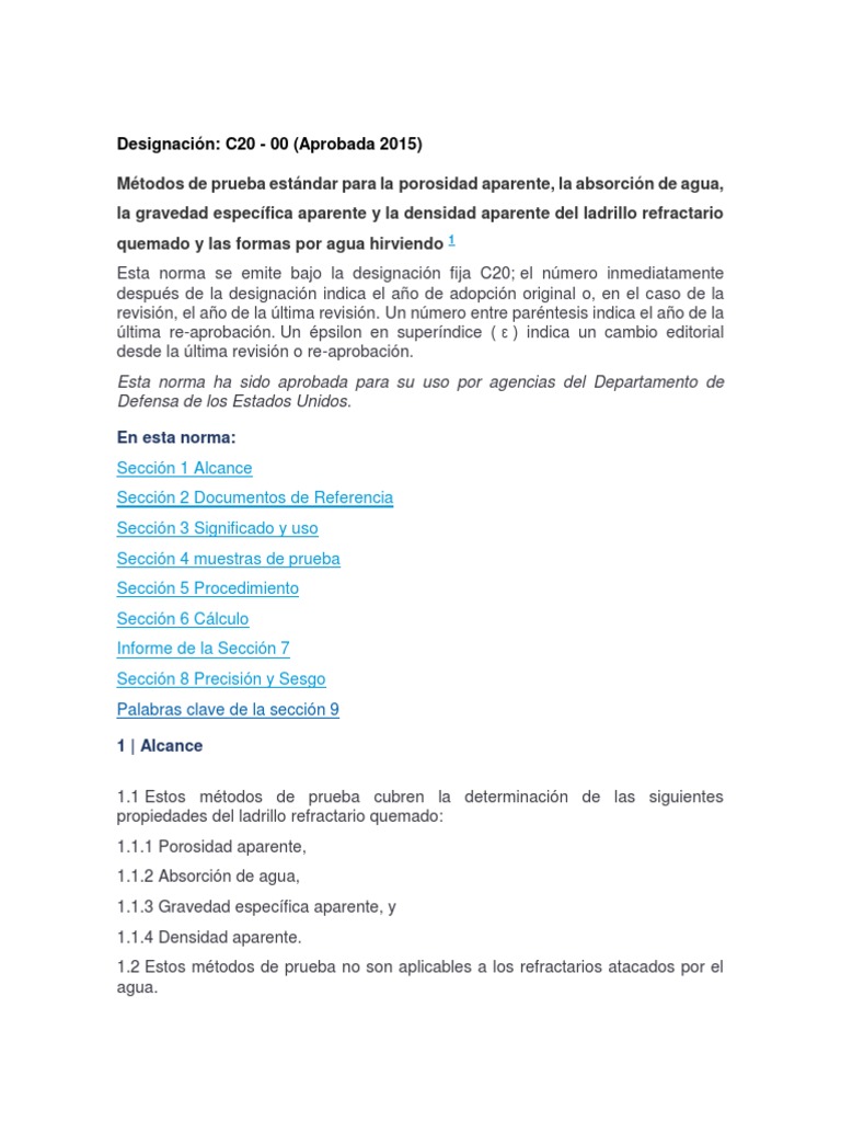 Norma ASTM C20 | PDF | Absorción (Química) | Densidad