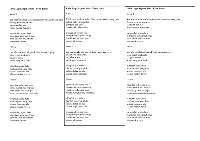 Lirik Lagu Arjuna Beta | PDF