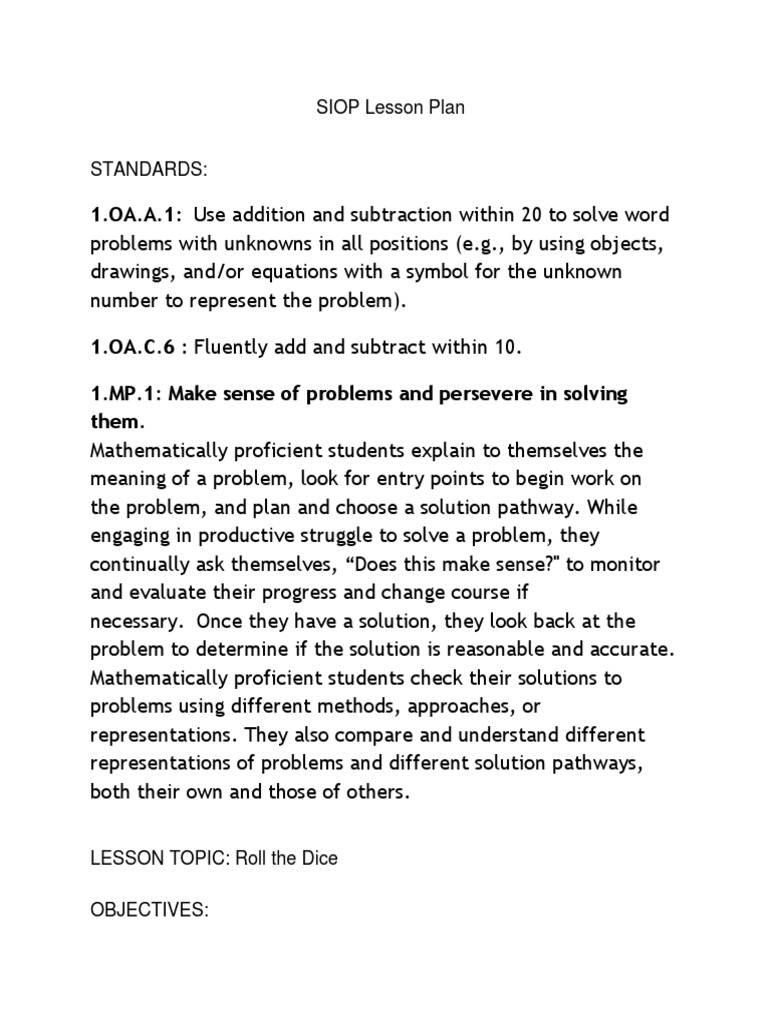 Siop Lesson Plan Tls 417 | PDF | Teaching Mathematics | Equations