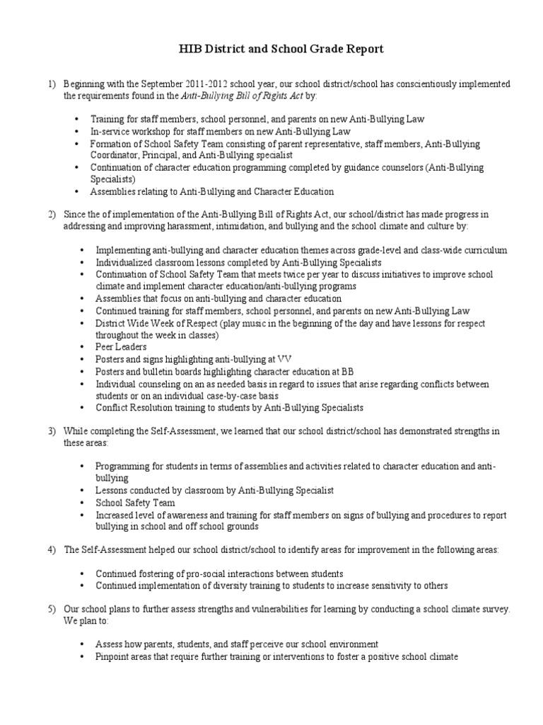 HIB District and School Grade Report | PDF | Bullying | Cyberbullying