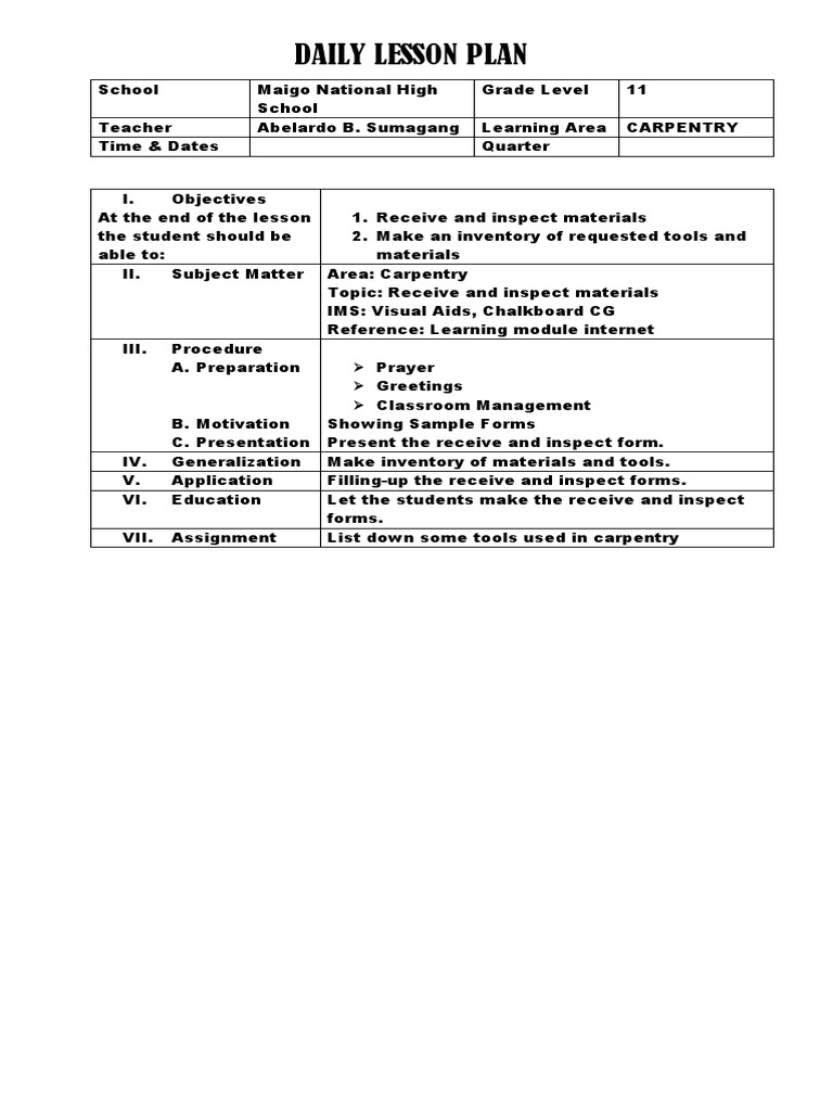 Daily Lesson Plan | PDF | Classroom Management | Lesson Plan