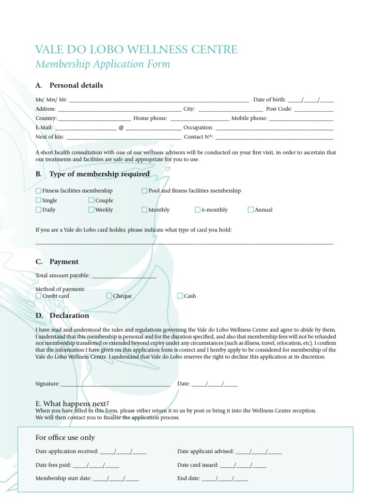 Spa Membership Application Form - EN | Download Free PDF | Payments ...