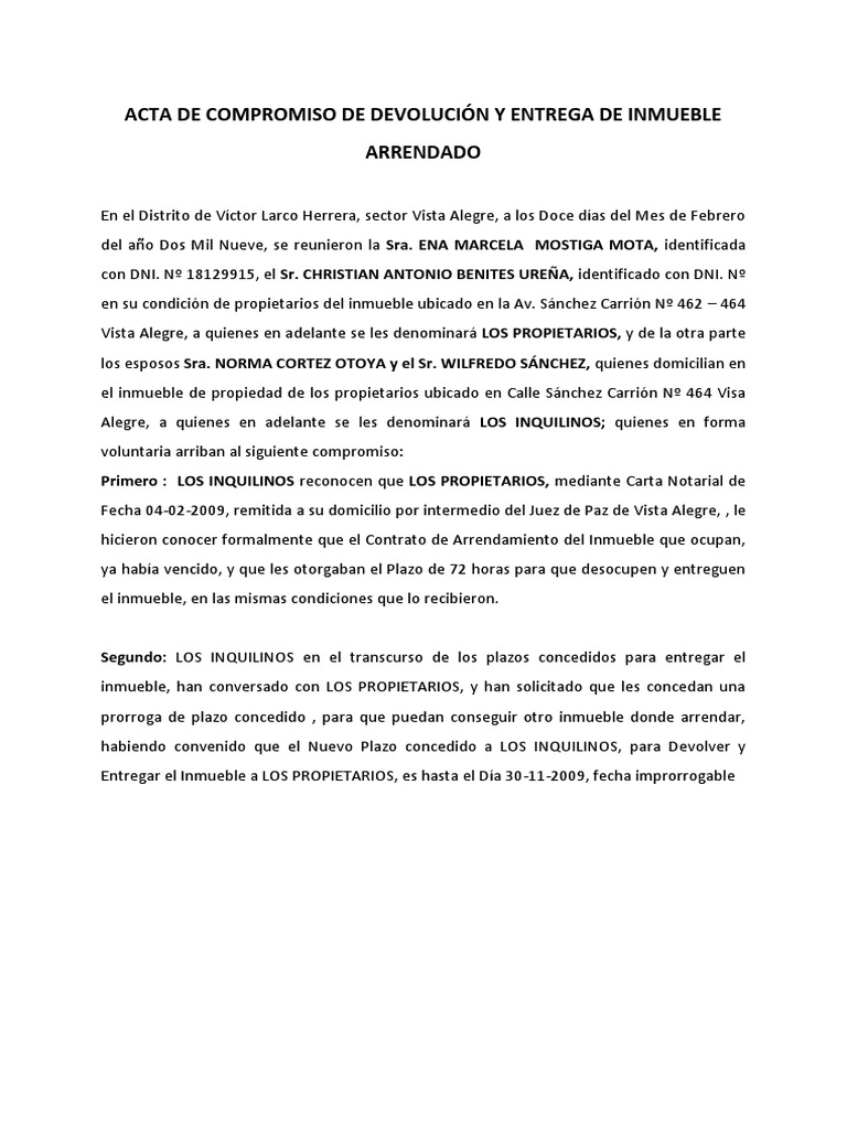 Acta de Compromiso de Devolucion y Entrega de Inmueble Arrendado | PDF