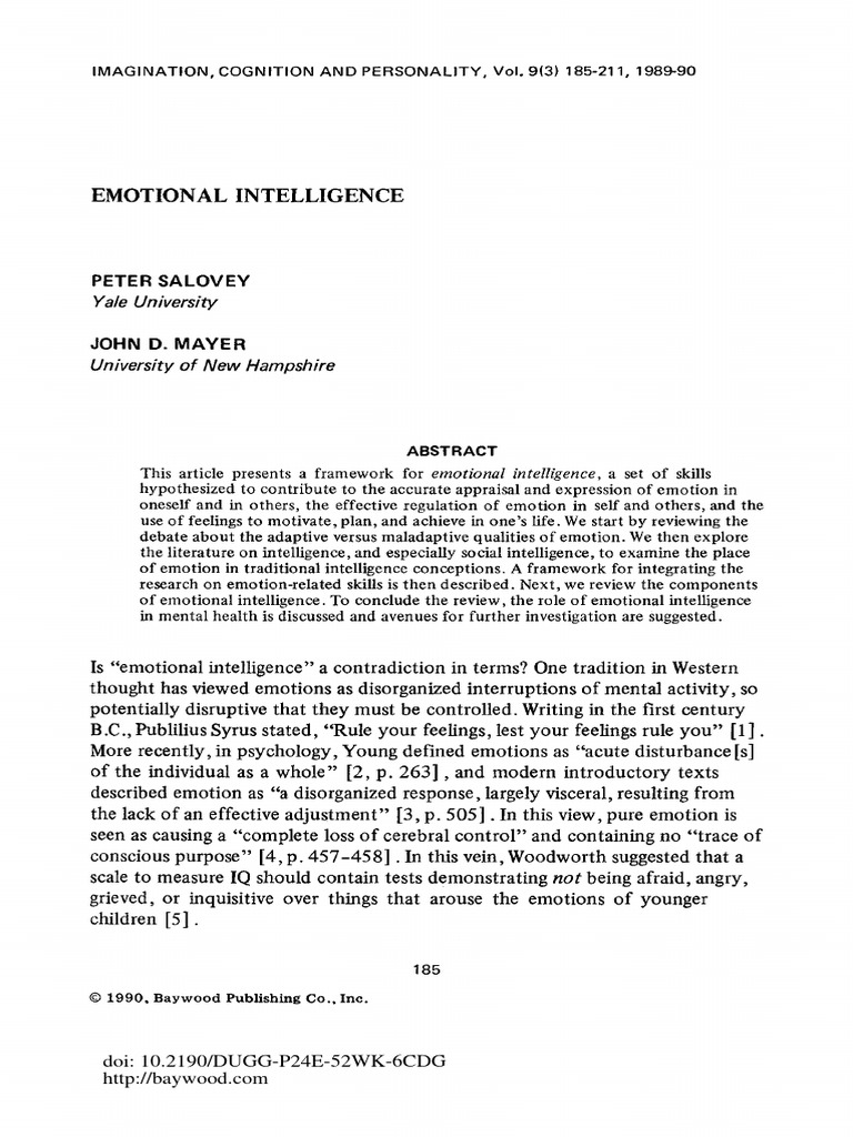 Salovey Y Mayer 1989 Emotional Intelligence Pdf Empathy Affect